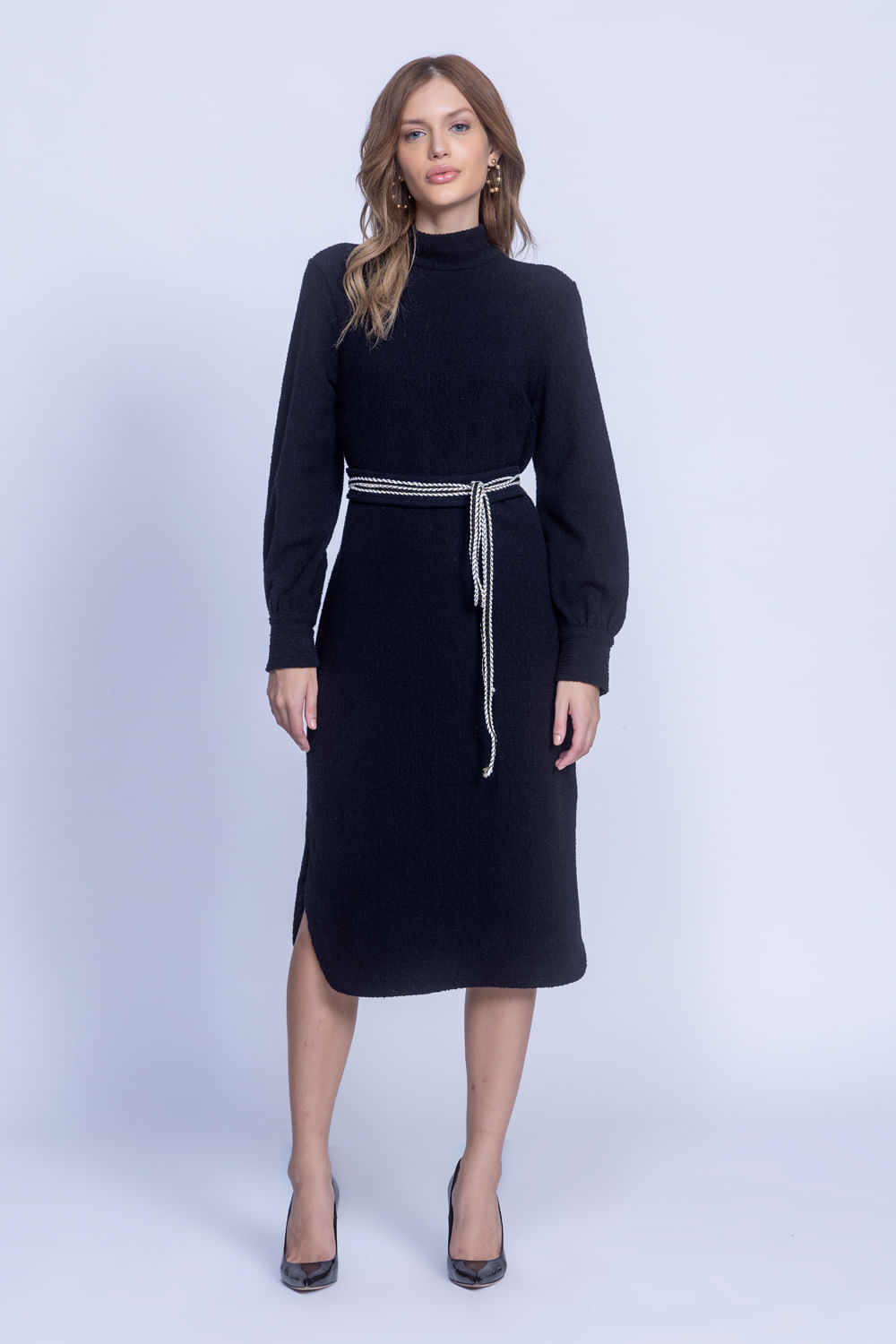 VESTIDO MALHA BOUCLÉ - PRETO - Loja Pusco | Moda Feminina Elegante